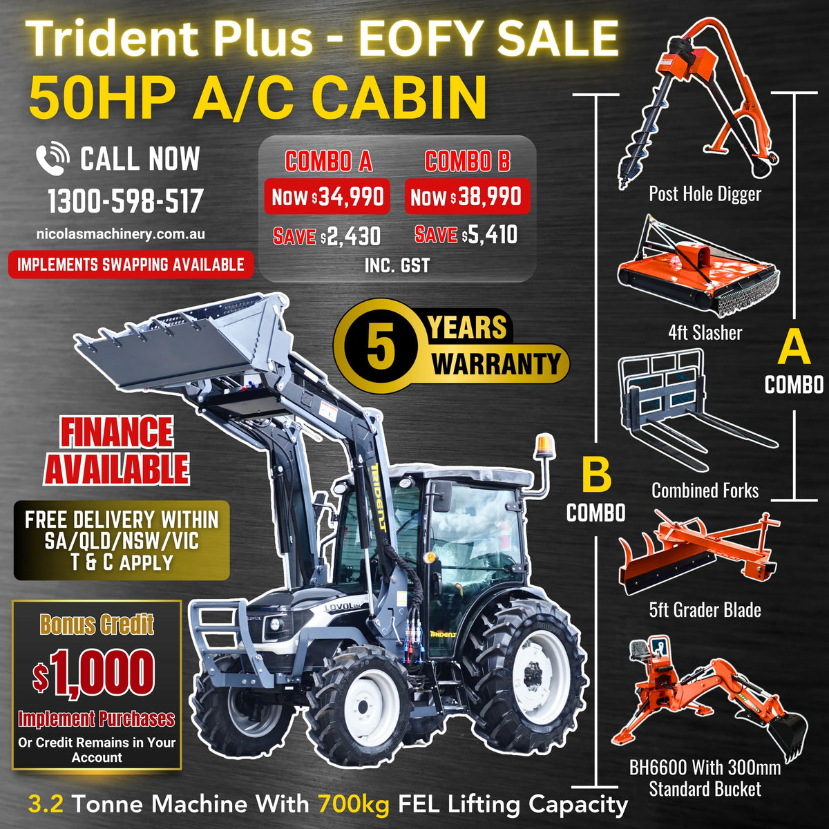 TRIDENT PLUS SYNCHROMESH MODEL 50HP 4WD A/C CABIN TRACTOR – NICOLA'S MACHINERY