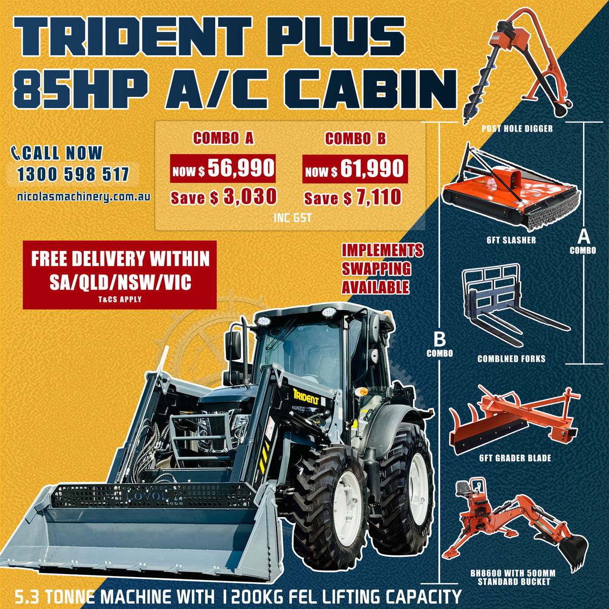 TRIDENT PLUS SYNCHROMESH MODEL 85HP 4WD A/C CABIN TRACTOR – NICOLA'S MACHINERY